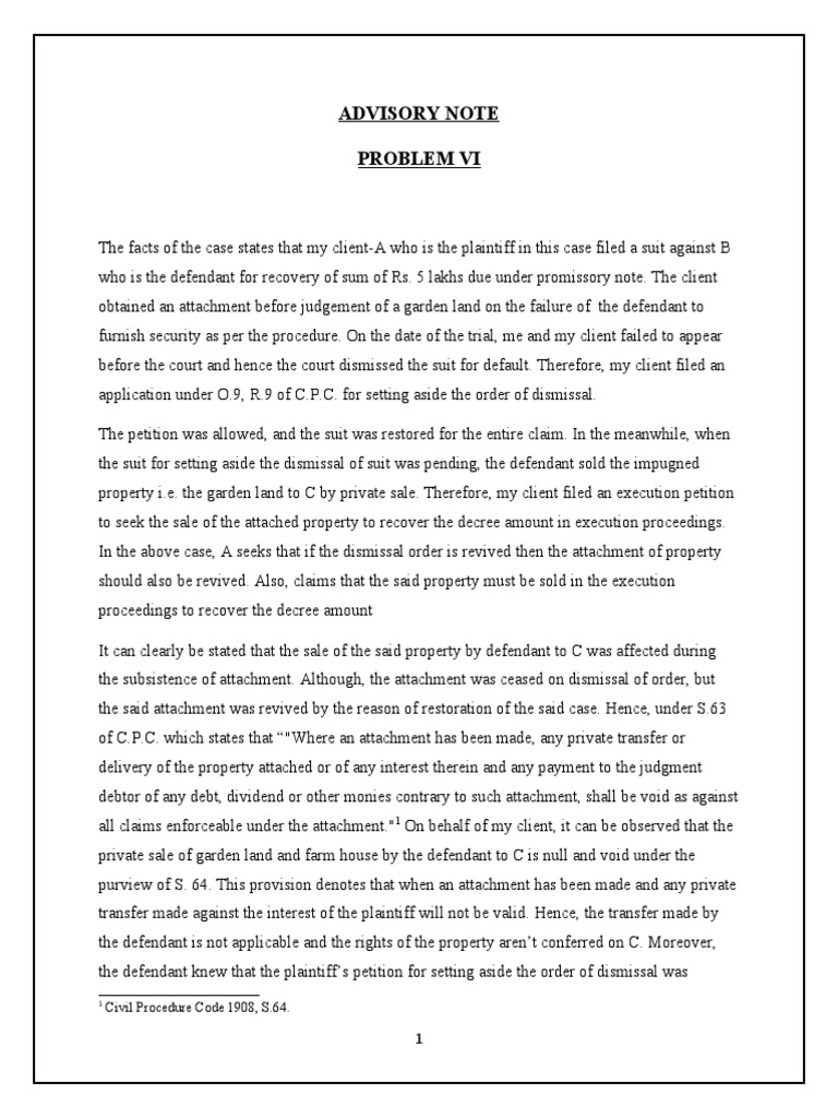 Advisory Note Problem Vi: Civil Procedure Code 1908, S.64 | PDF ...
