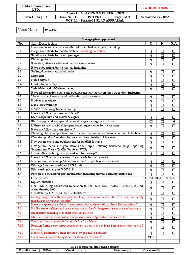 Cruise Passage Plan Checklist | PDF | Navigation | Ships
