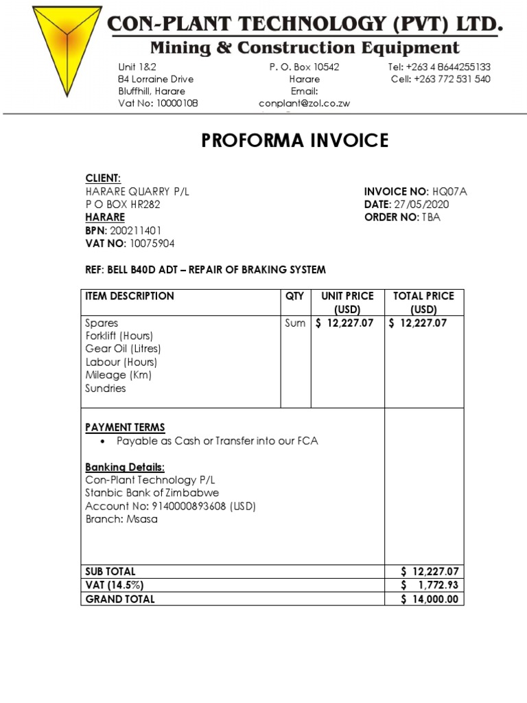 Bell B40B Adt - Usd Proforma Invoice For Braking System | PDF