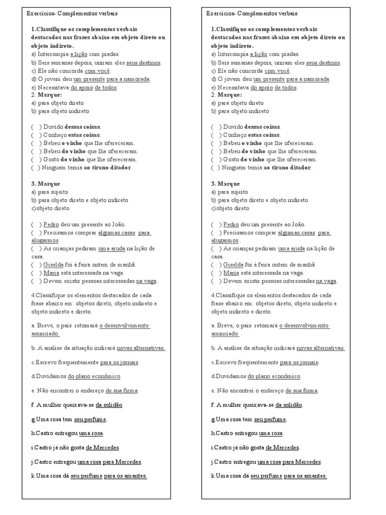 7ºano Complementos Verbais | PDF | Objeto (gramática) | Assunto (gramática)