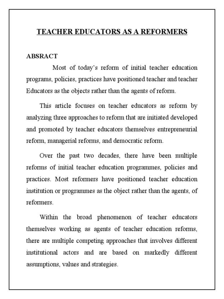 Teacher Educators As A Reformers | PDF | Teacher Education | Change