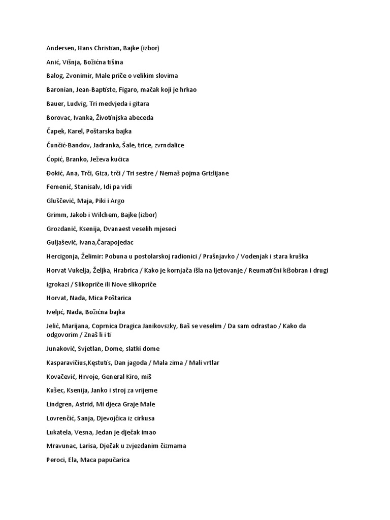 Popis Lektire Za 1. Razred | PDF