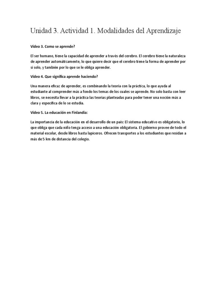 Unidad 3. Actividad 1. Modalidades Del Aprendizaje, Recurso 3, 4 y 5 | PDF