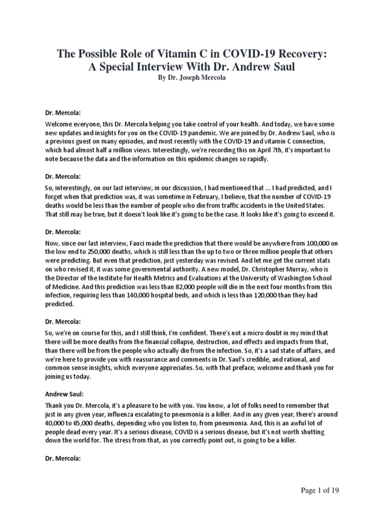 Interview DR Andrew Saul The Possible Role of Vitamin C in COVID19 ...