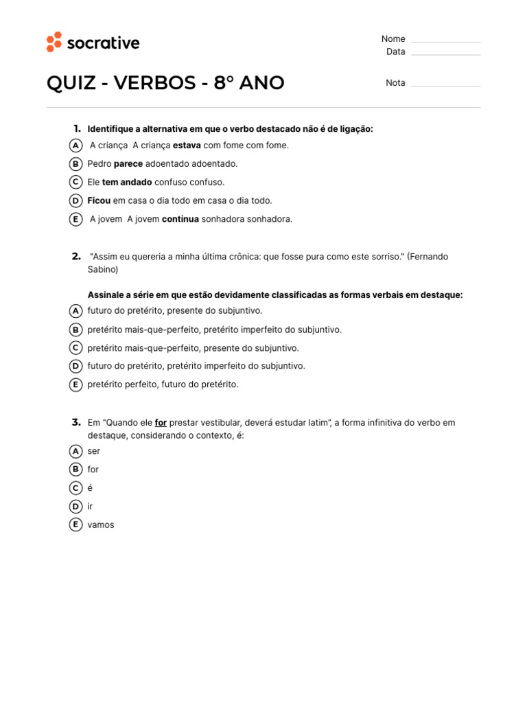 Quiz de Verbos para 8º Ano | PDF | Morfologia linguística | Gramática