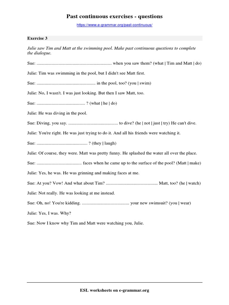 Past Continuous Exercises - Questions | PDF