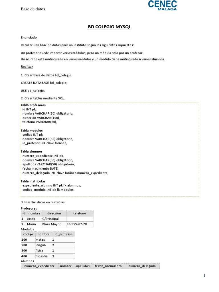 BD Colegio MYSQL | PDF