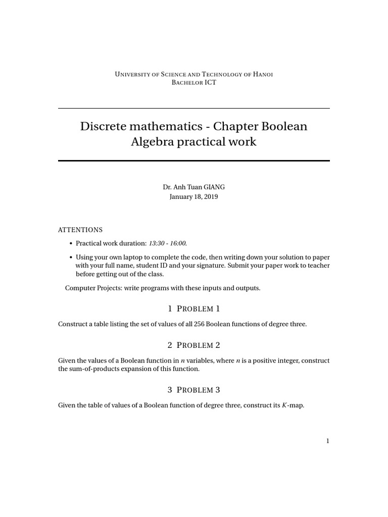 Discrete Mathematics - Chapter Boolean Algebra Practical Work | PDF