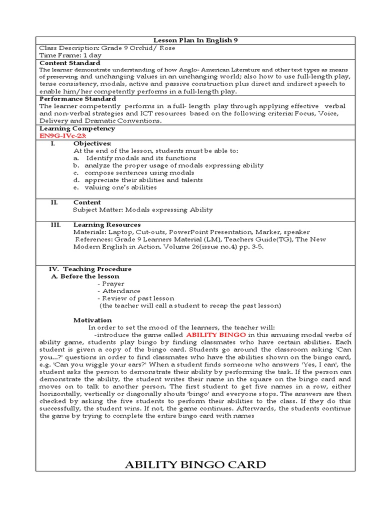 Ability Bingo Card: Lesson Plan in English 9 | PDF | Lesson Plan ...