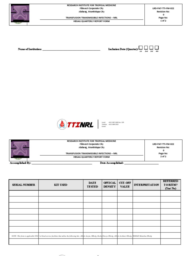 HBsAg Quarterly Report Form Template | PDF | Hematology | Medical ...