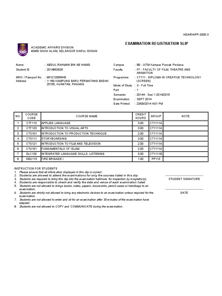 UiTM Exam Registration Slip | PDF | Test/Examination | Teaching And ...
