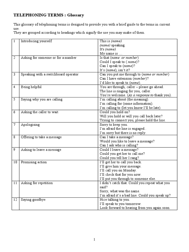 Telephoning Terms Glossary | PDF | Business
