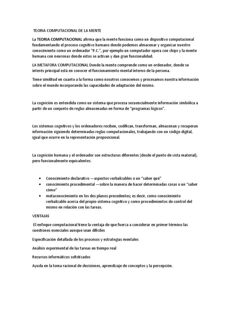 Teoria Computacional de La Mente | PDF | Mente | Conocimiento Teoria Computacional de La Mente | PDF | Mente | Conocimiento