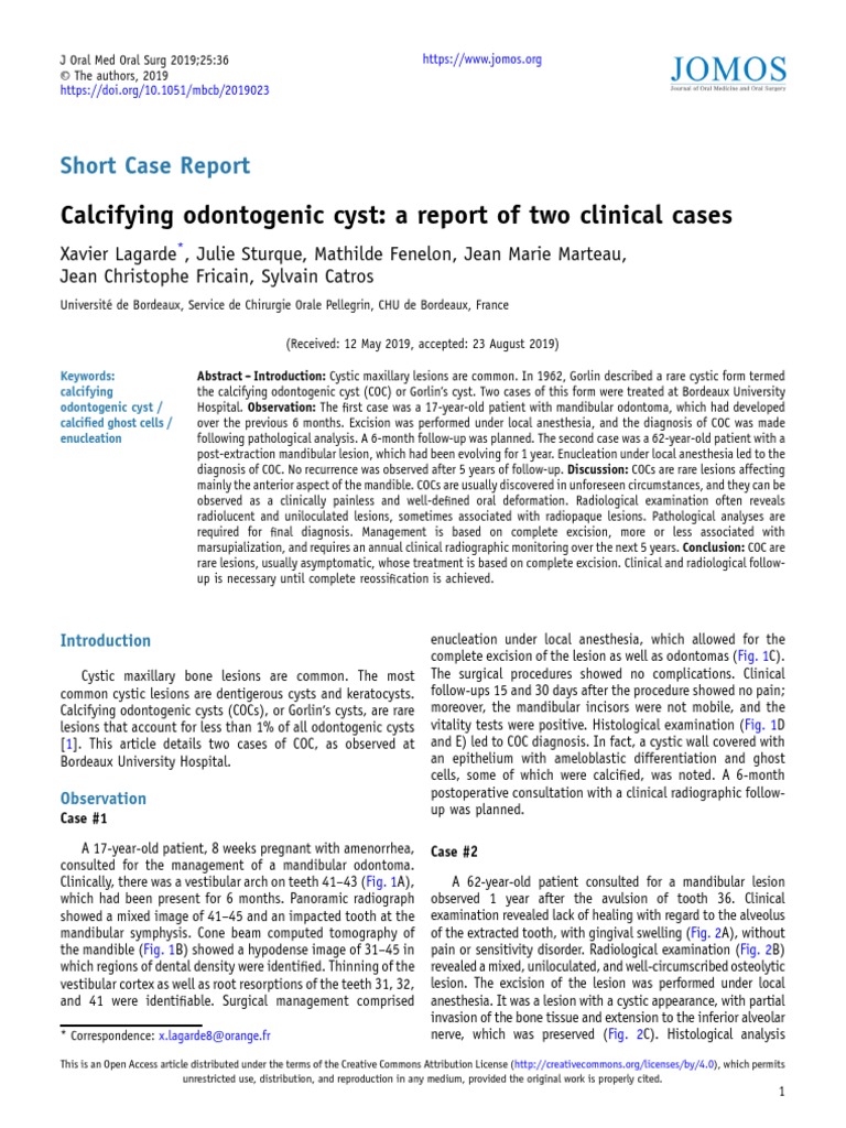 Calcifying Odontogenic Cyst A Report of Two Clinical Cases 2019 | PDF ...