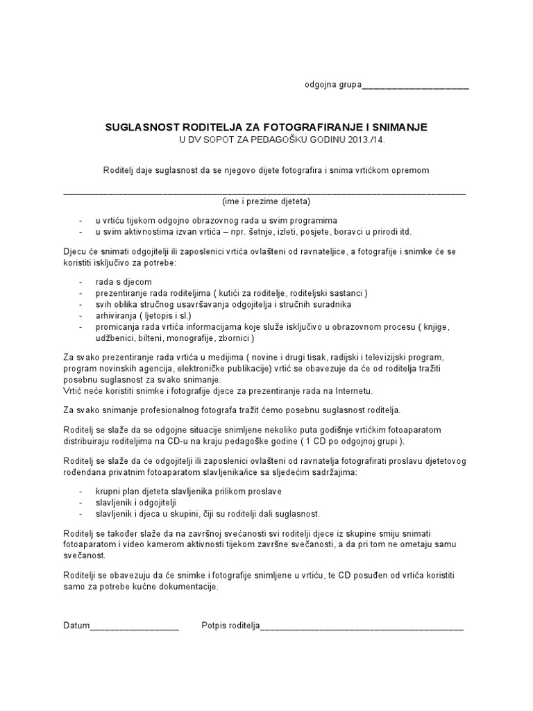 Suglasnost o Fotografiranju | PDF