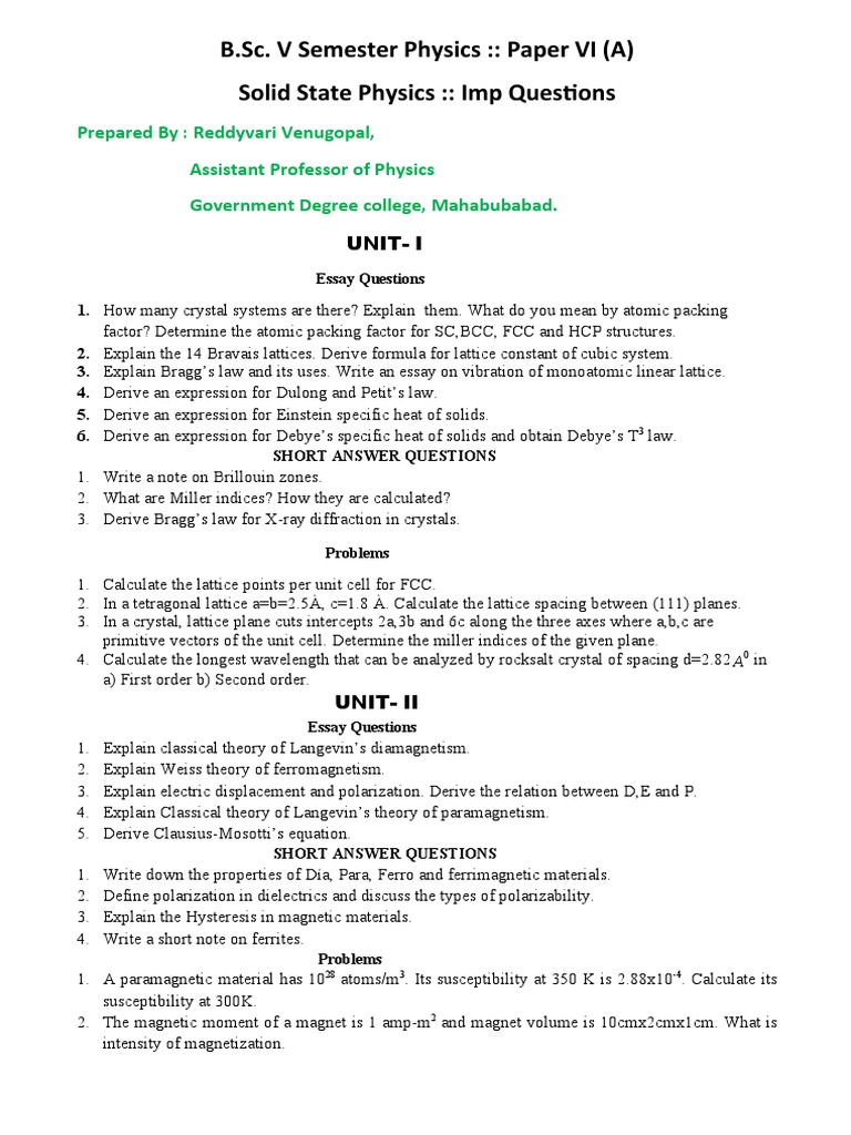 B.Sc. V Semester Physics:: Paper VI (A) Solid State Physics:: Imp Questions | PDF ...
