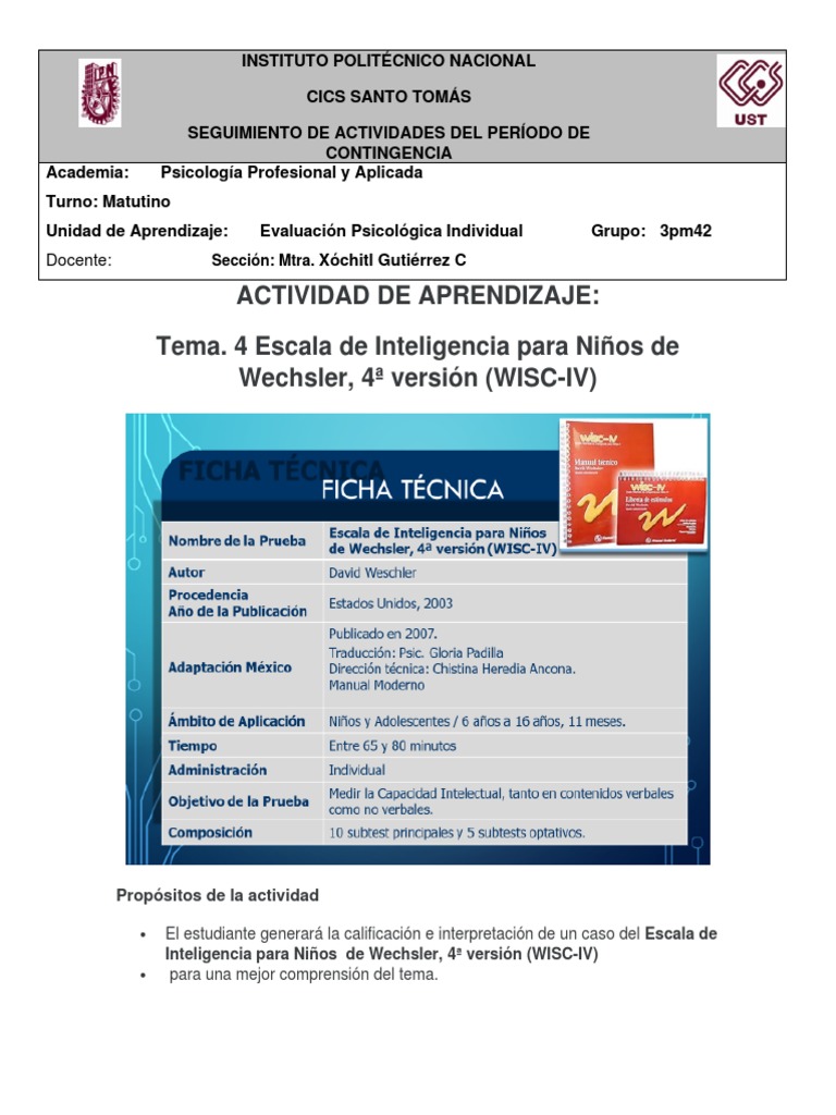 Actividades WISC-IV PDF | PDF | Escala de inteligencia para adultos de ...