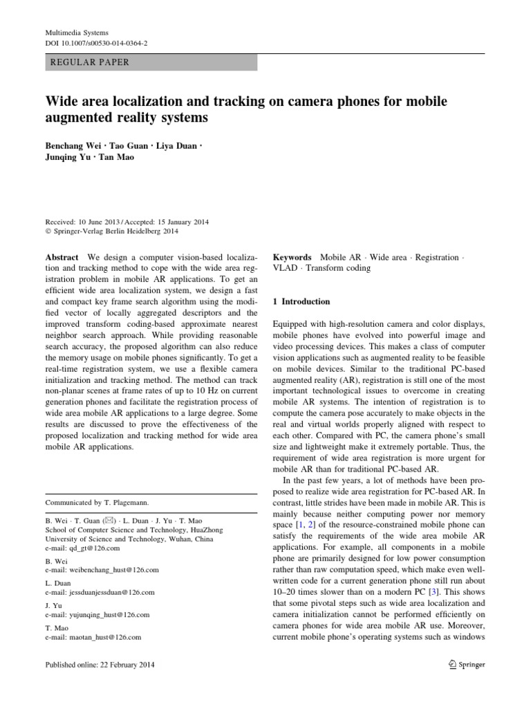 Wide Area Localization and Tracking On Camera Phones For Mobile Augmented Reality Systems | PDF ...