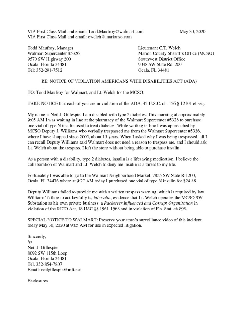 Notice Walmart and MCSO Violation Americans With Disabilities Act (ADA ...