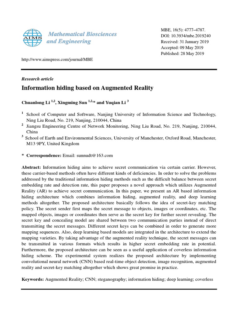 Information Hiding Based On Augmented Reality: Research Article | PDF | Augmented Reality | Deep ...