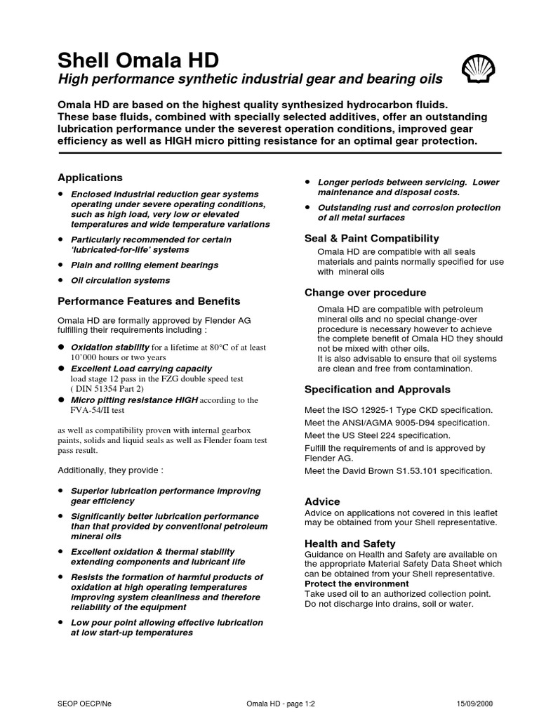 Shell Omala HD: High Performance Synthetic Industrial Gear and Bearing ...