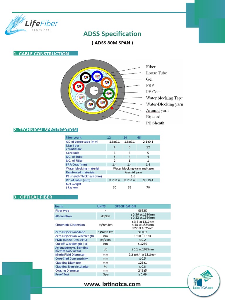 ADSS Specification: 1. Cable Construction | PDF | Optical Fiber ...