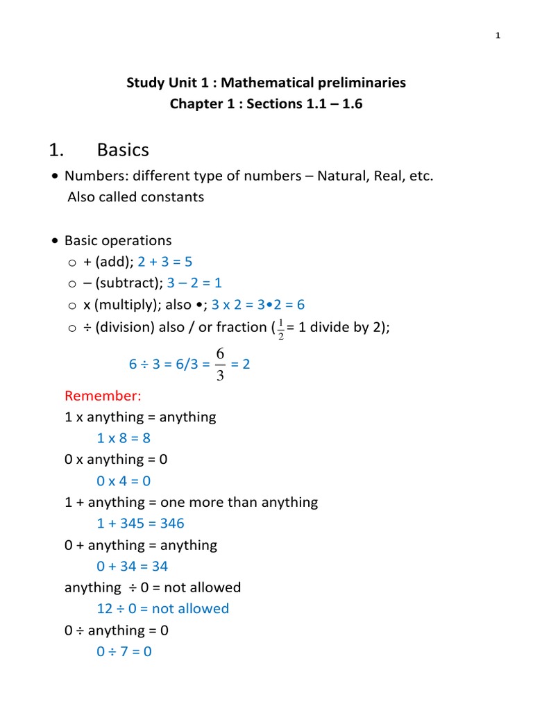 Basics: Study Unit 1: Mathematical Preliminaries Chapter 1: Sections 1. ...