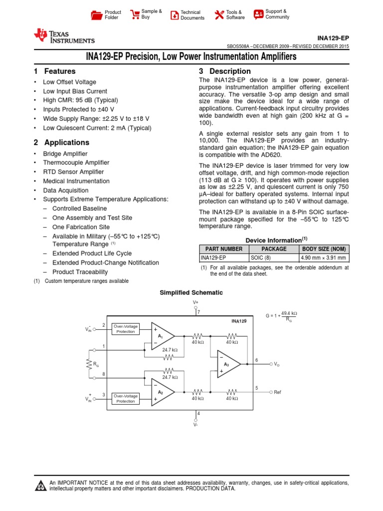 INA129-EP Precision, Low Power Instrumentation Amplifiers: 1 Features 3 ...