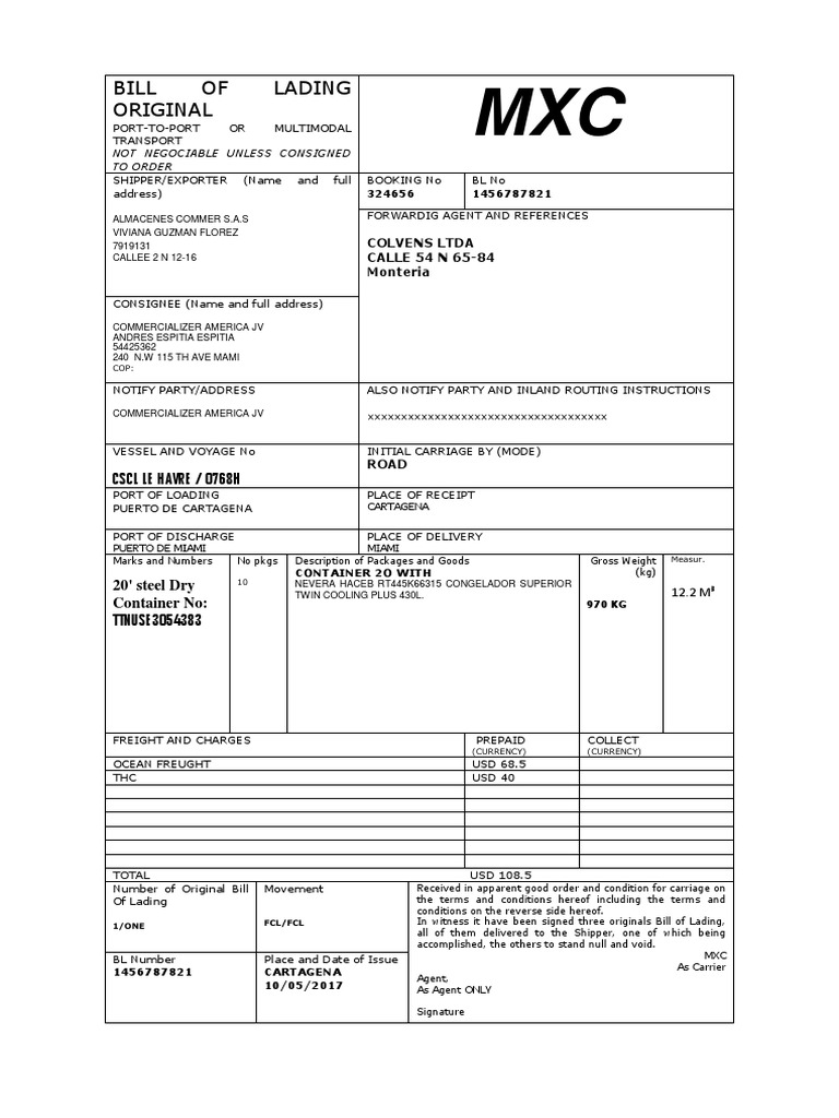 Modelo de Conocimiento de Embarque Bill of Lading Abril 2012 | PDF | Cargo | Bill Of Lading