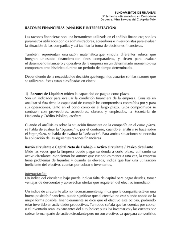 Interpretación de Razones Financieras | PDF | Ratio financiero | Deuda