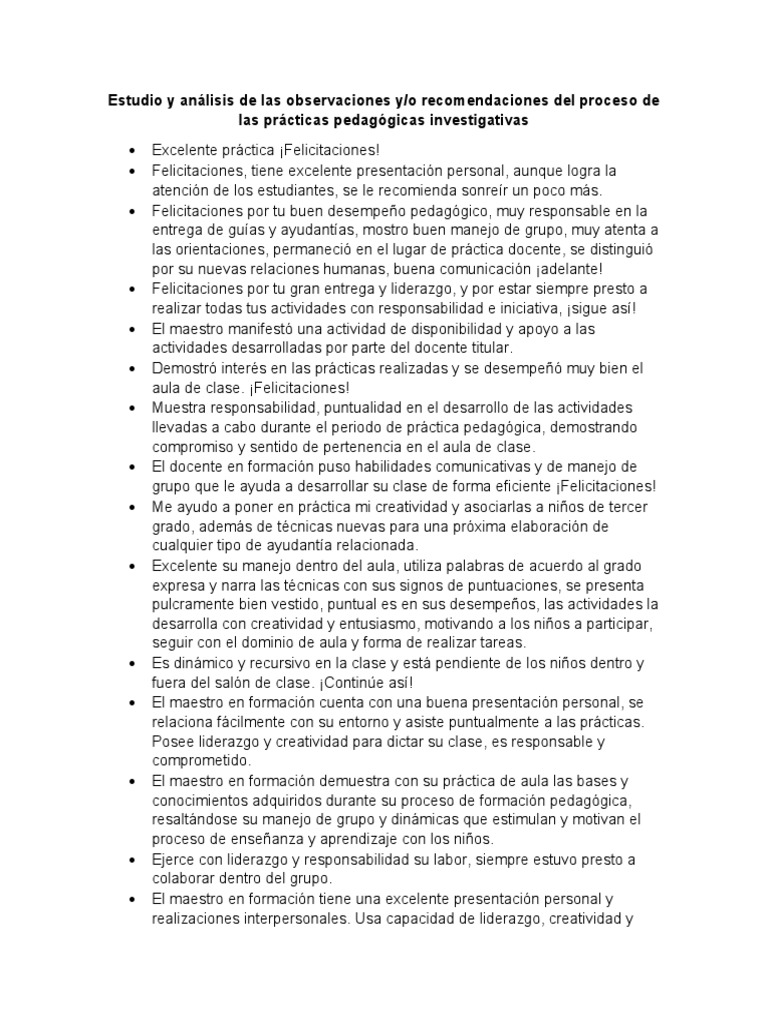 Estudio y Análisis de Las Observaciones PFC | PDF | Salón de clases | Maestros