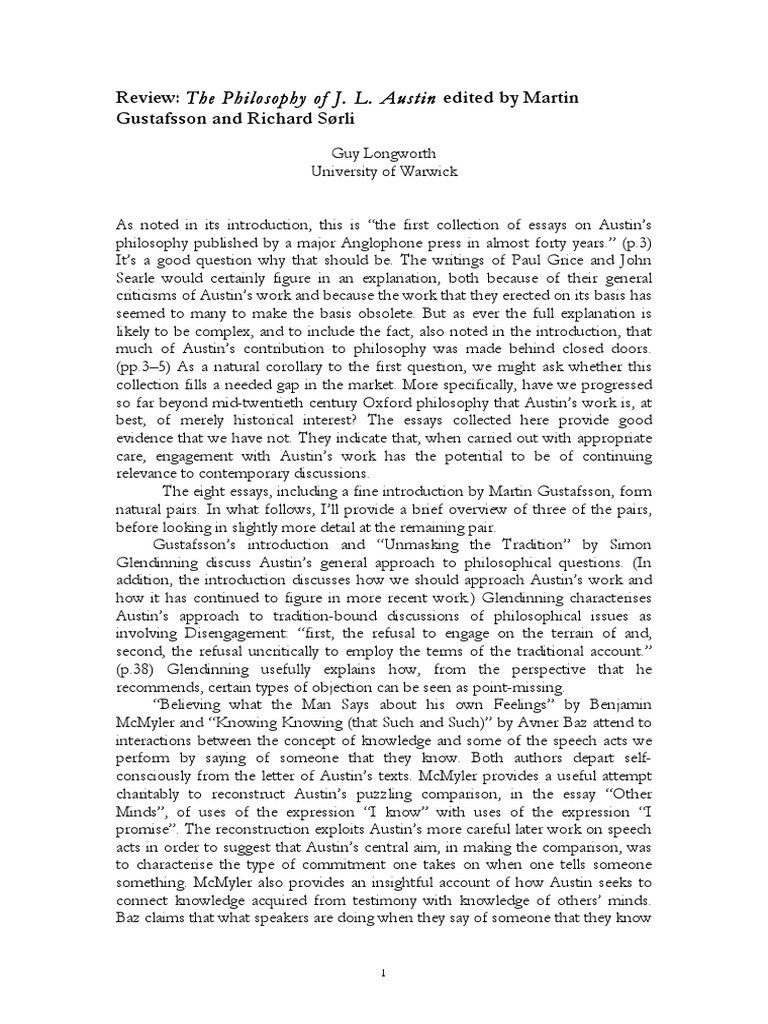 Review: The Philosophy of J. L. Austin Edited by Martin Gustafsson and ...