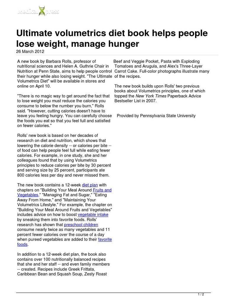 Ultimate Volumetrics Diet Book Helps People Lose Weight, Manage Hunger ...