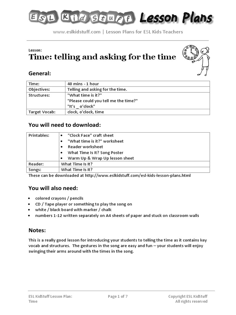 Time: Telling and Asking For The Time: General | PDF | Lesson Plan ...