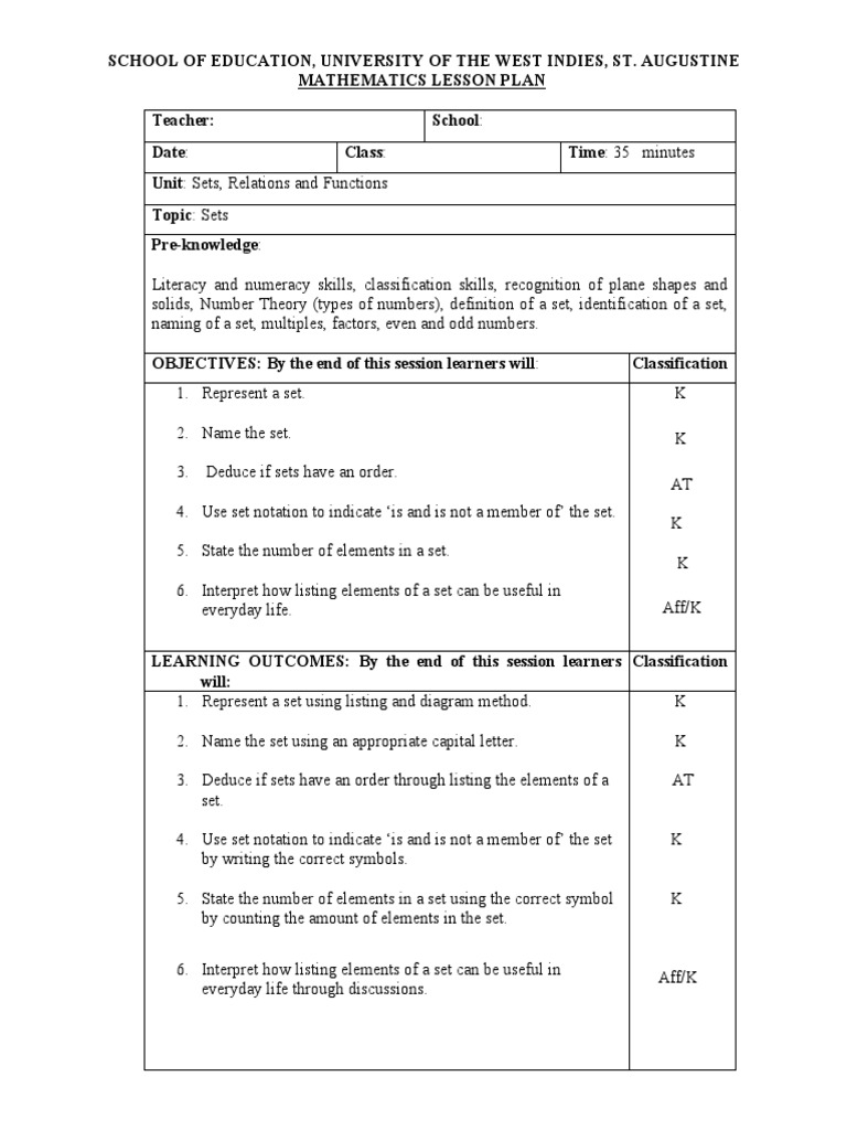 Lesson Plan 2 - Sets Lesson 2 | PDF | Lesson Plan | Numbers