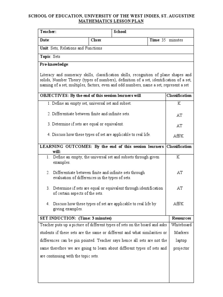 Lesson Plan 3 - Sets Lesson 3 | PDF | Set (Mathematics) | Empty Set