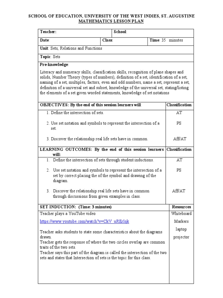 Grade 4 Math Lesson Plan on Sets | PDF | Set (Mathematics) | Teachers