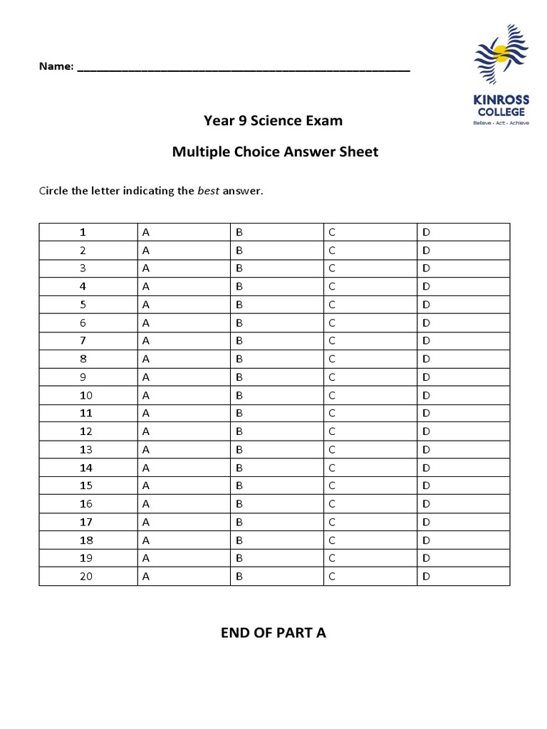 Year 9 Science Exam Multiple Choice Answer Sheet: Name | PDF | Atoms ...