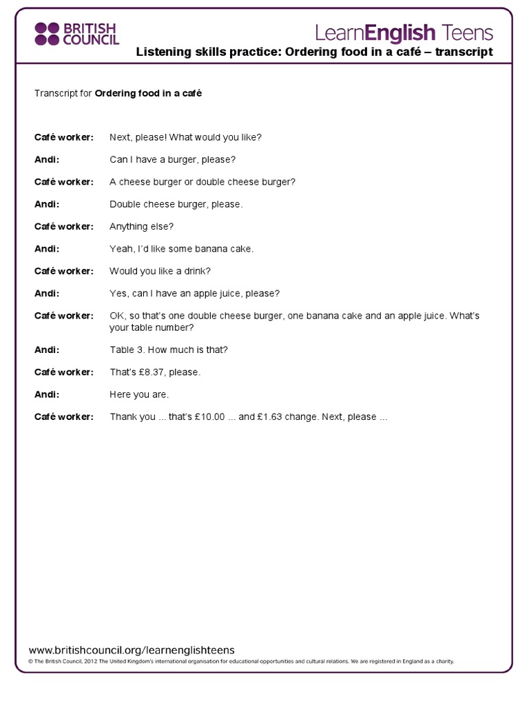 Ordering Food in A Cafe - Transcript 4 | PDF | Cooking, Food & Wine