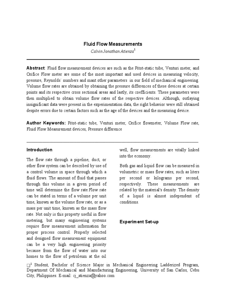 Experiment 1 - Fluid Flow Measurements L | PDF | Flow Measurement ...