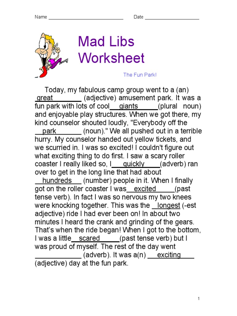 Mad Libs Worksheet: Name Date | PDF | Verb | Adjective