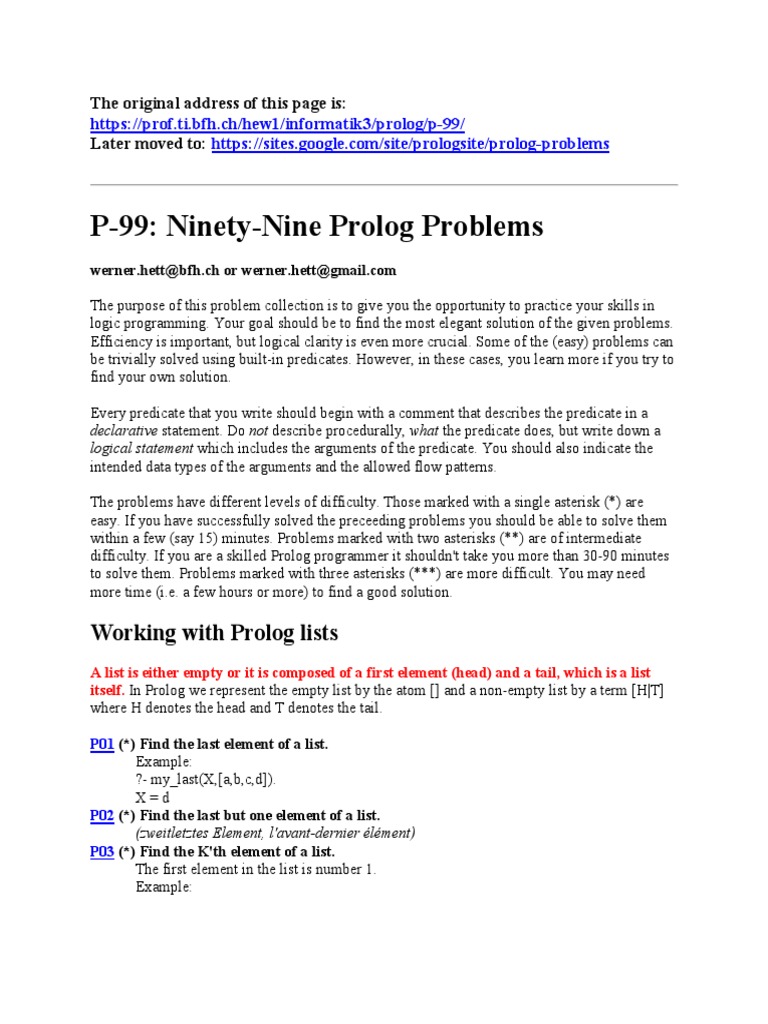 P-99: Ninety-Nine Prolog Problems: Working With Prolog Lists | PDF | Prime Number | Discrete ...