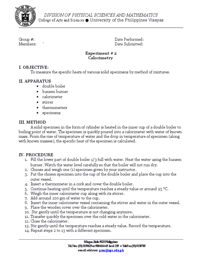 Division of Physical Sciences and Mathematics: Experiment # 2 Calorimetry I. Objective | PDF ...