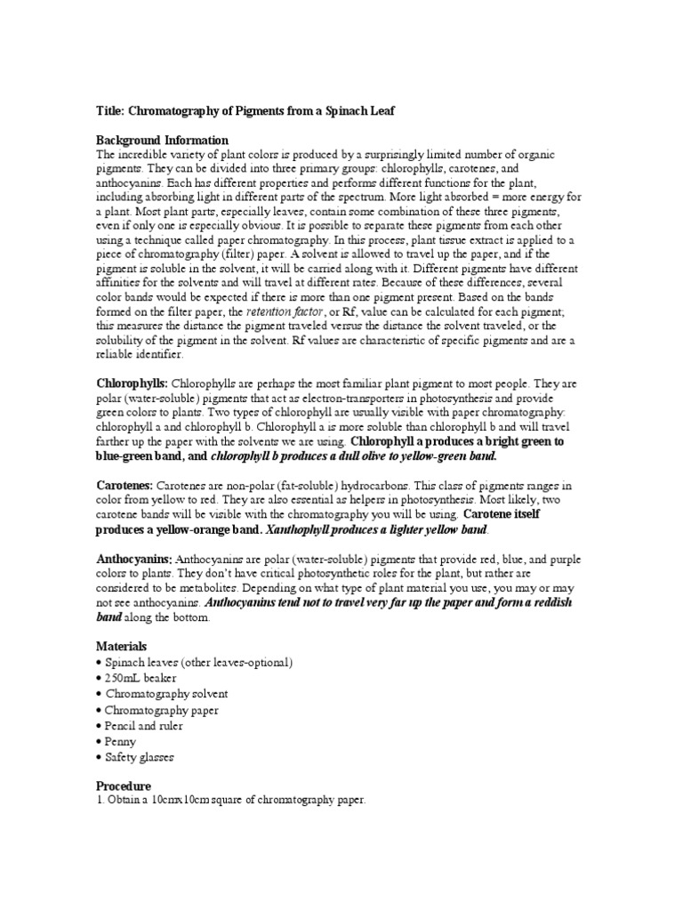 Pigment Chromatography in Spinach Leaves | PDF | Chlorophyll ...