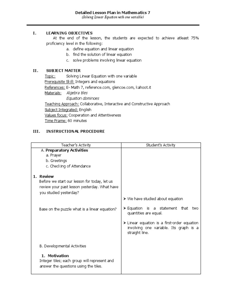 Algebra Tiles Equation Dominoes: Detailed Lesson Plan in Mathematics 7 ...
