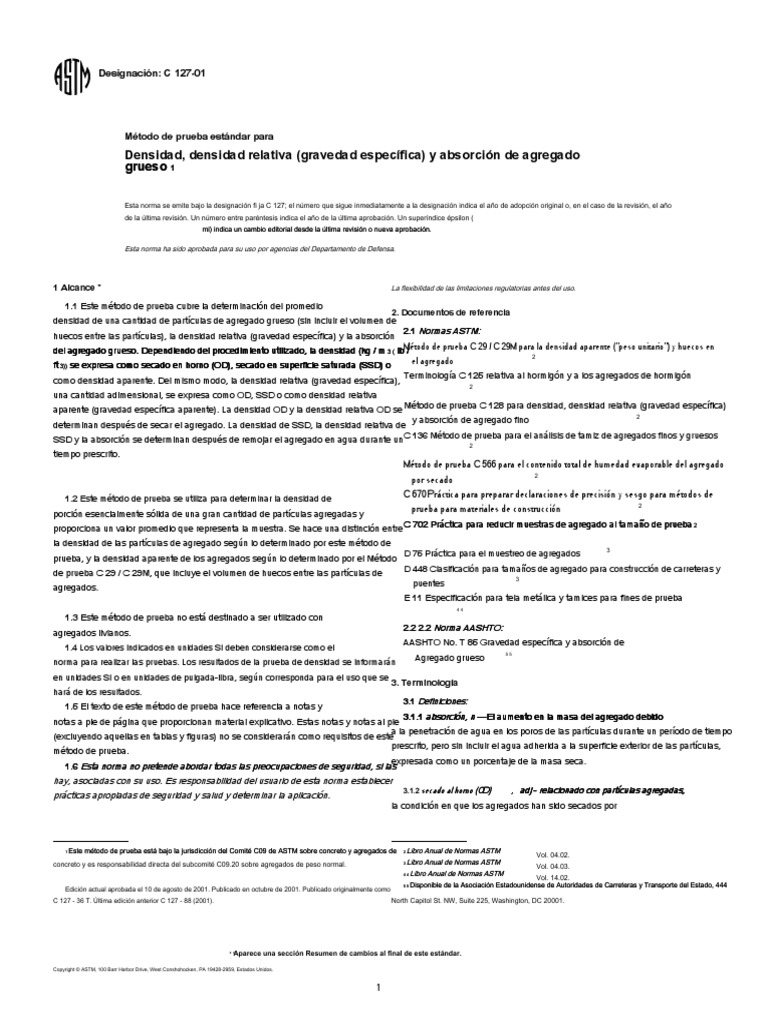 ASTM C 127.en - Es | PDF | Densidad | Absorción (Química)