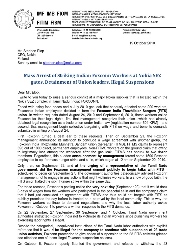 IMF Letter To Nokia Stephen Elop Foxconn-India | PDF | Trade Union ...