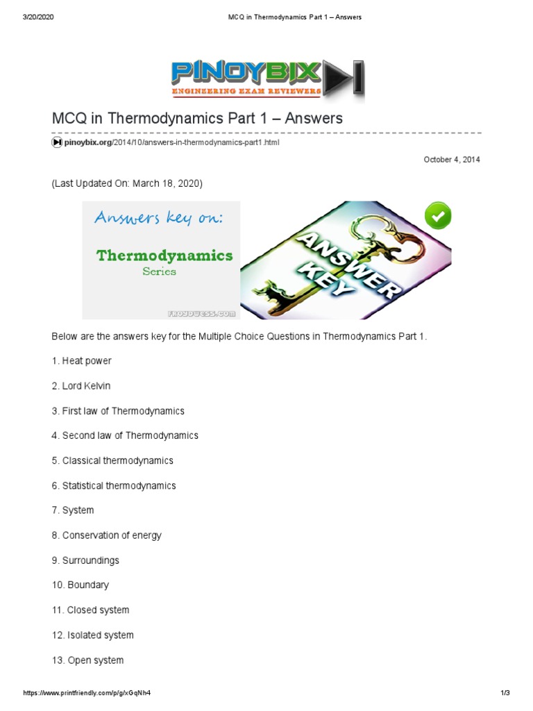 MCQ in Thermodynamics Part 1 | PDF | Thermodynamics | Multiple Choice