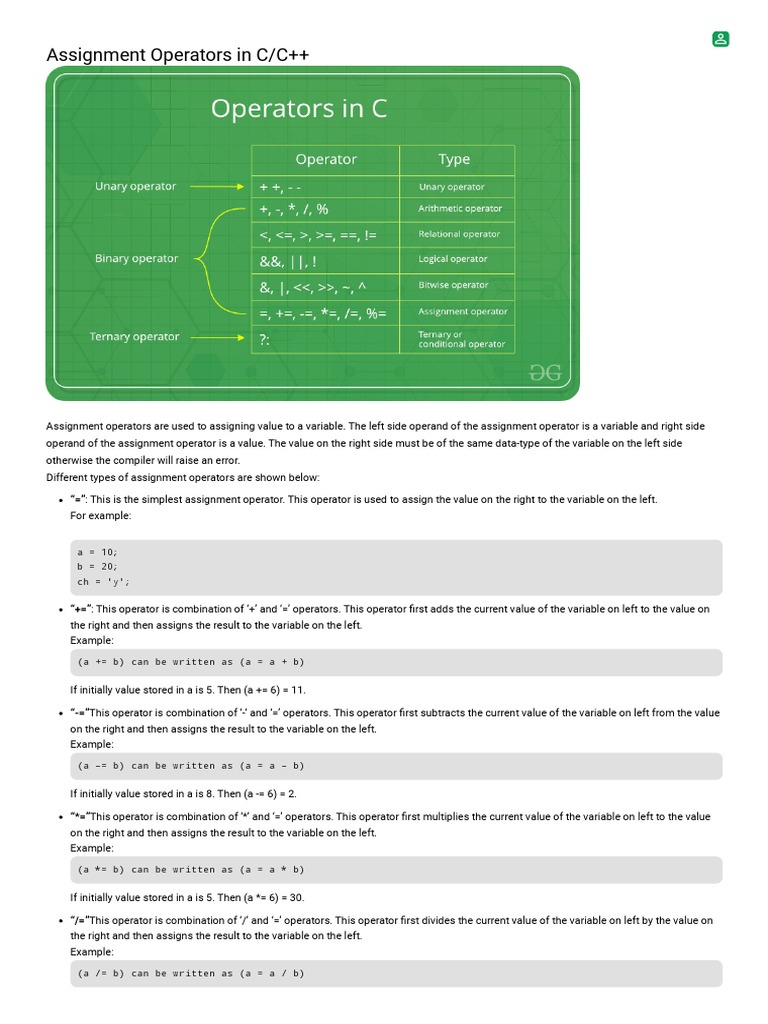 Assignment Operators In C C Pdf Variable Computer Science