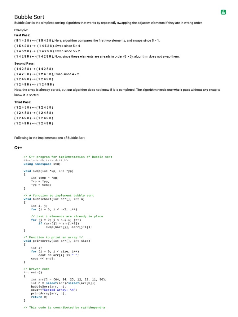 Bubble Sort: Example: First Pass | PDF | Algorithms And Data Structures | Computer Programming